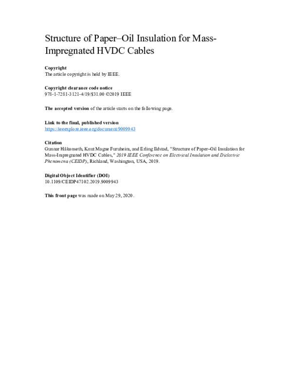 (PDF) Structure of Paper-Oil Insulation for Mass-Impregnated HVDC Cables