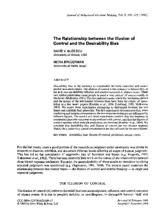 (PDF) The relationship between the illusion of control and the ...