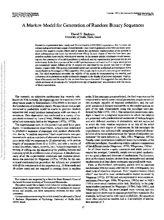 (PDF) A Markov model for generation of random binary sequences (PDF) A Markov model for generation of random binary sequences