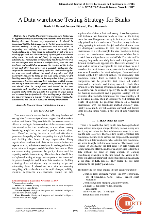 (PDF) A Data warehouse Testing Strategy for Banks