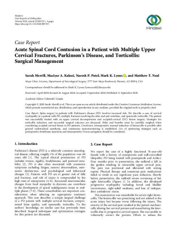 (PDF) Acute Spinal Cord Contusion in a Patient with Multiple Upper Cervical Fractures, Parkinson ...