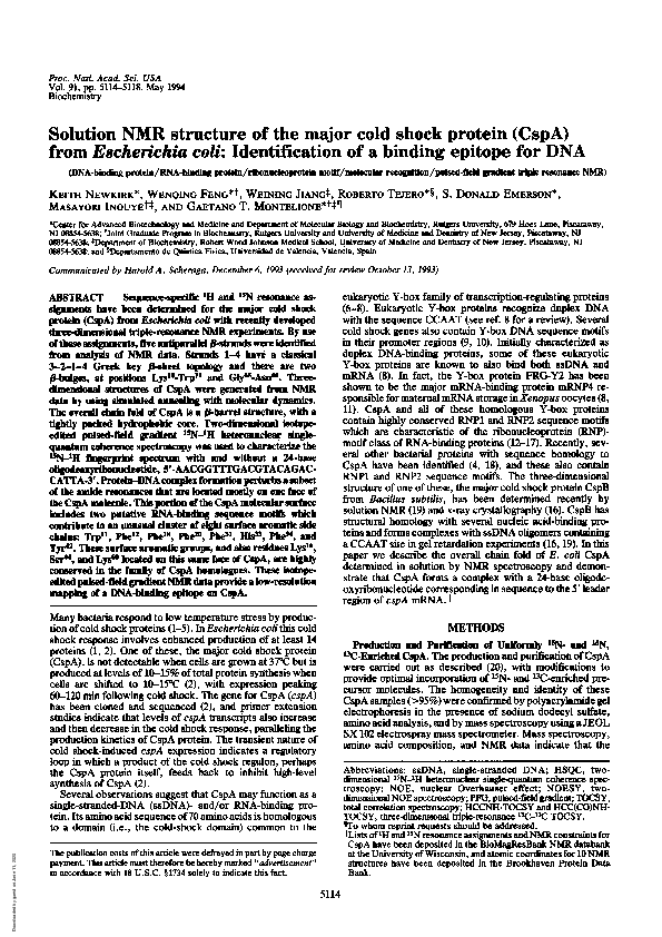 (PDF) Solution NMR structure of the major cold shock protein (CspA ...
