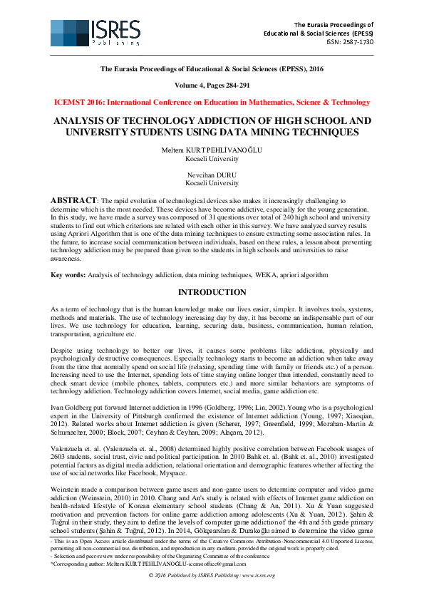 (PDF) Analysis of Technology Addiction of High School and University Students Using Data Mining ...