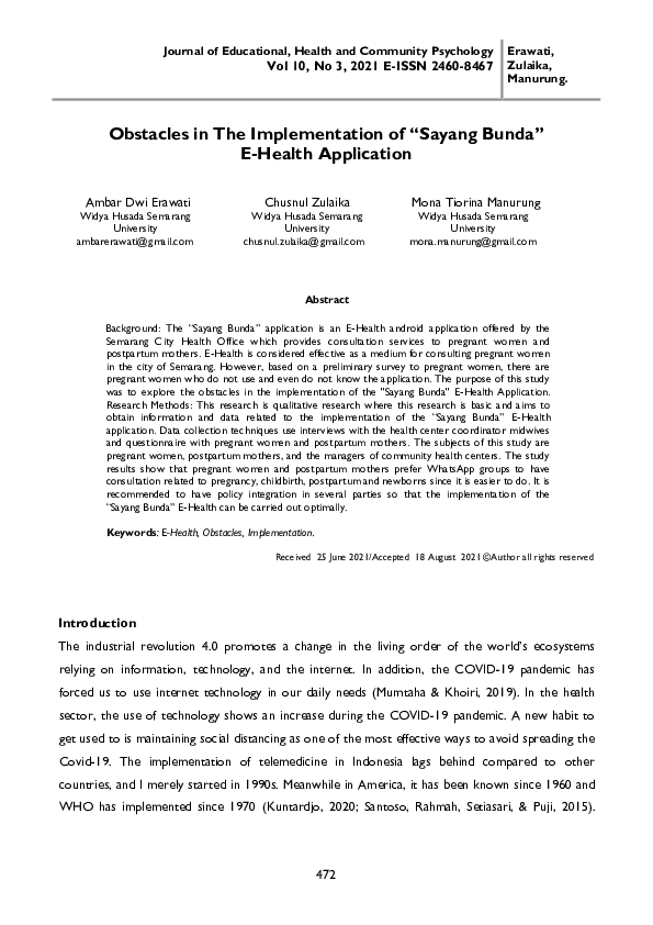 (PDF) Obstacles in The Implementation of “Sayang Bunda” E-Health Application