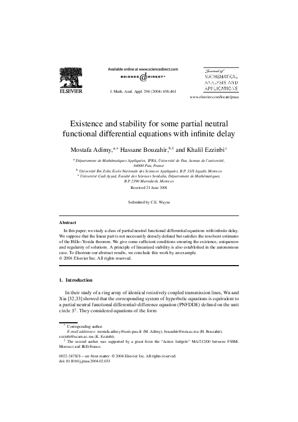 (PDF) Existence and stability for some partial neutral functional differential equations with ...