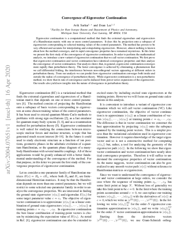 Pdf Convergence Of Eigenvector Continuation