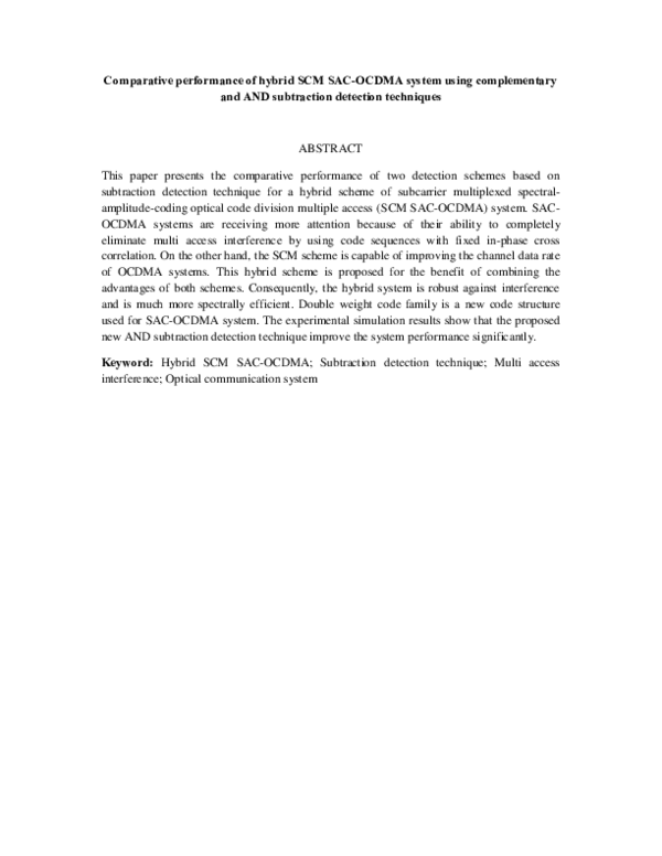 Pdf Comparative Performance Of Hybrid Scm Sacocdma System Using Complementary And Subtraction