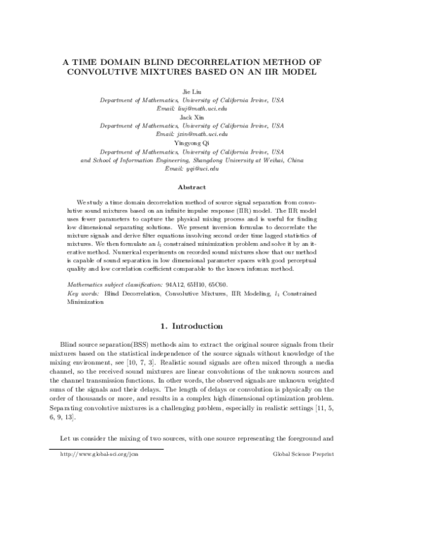 (PDF) A Time Domain Blind Decorrelation Method of Convolutive Mixtures Based on an IIR Model
