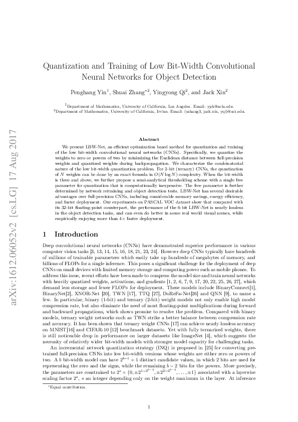 Pdf Quantization And Training Of Low Bit Width Convolutional Neural Networks For Object