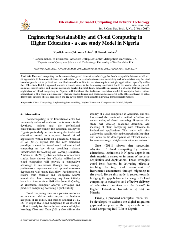 (PDF) Engineering Sustainability and Cloud Computing in Higher Education - a case study Model in ...
