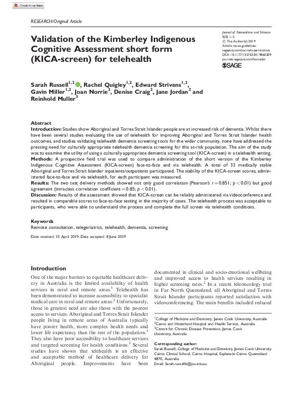 (PDF) Validation of the Kimberley Indigenous Cognitive Assessment short ...