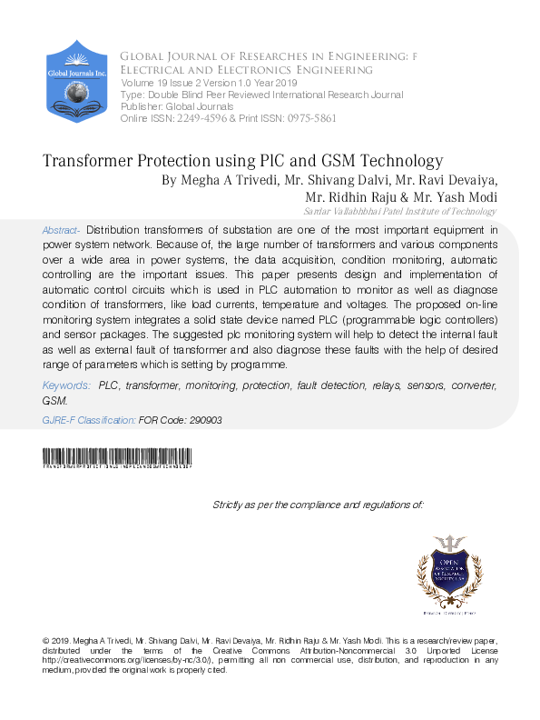 (PDF) Transformer Protection using PLC and GSM Technology