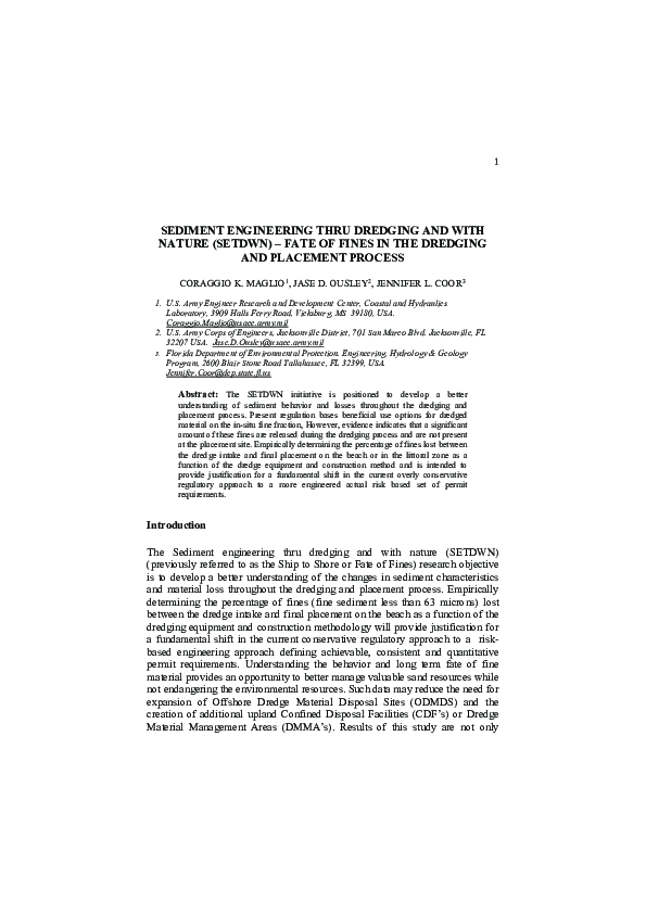 (PDF) Sediment Engineering Thru Dredging and with Nature (Setdwn) – Fate of Fines in the ...