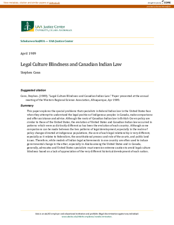 (PDF) Legal Culture Blindness and Canadian Indian Law