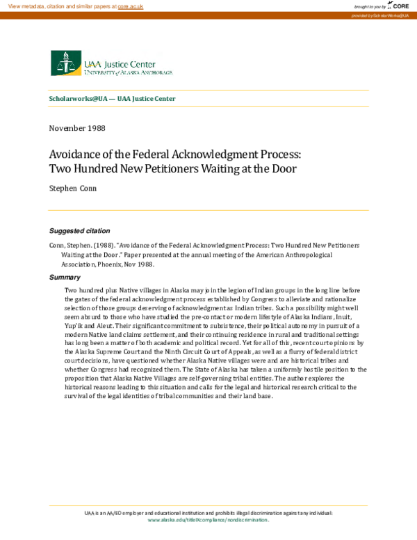 (PDF) Avoidance of the Federal Acknowledgment Process: Two Hundred New ...