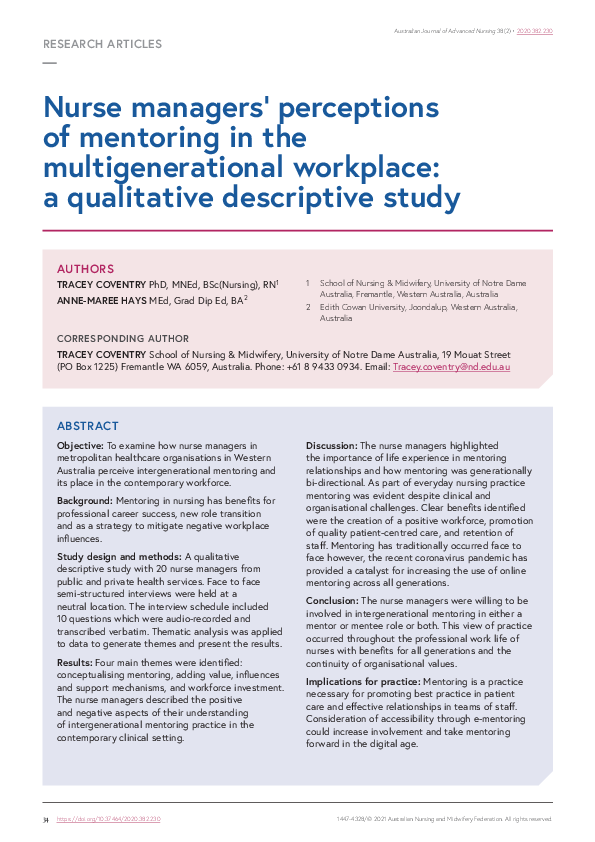 (PDF) Nurse Managers’ perceptions of mentoring in the multigenerational workplace: a qualitative ...