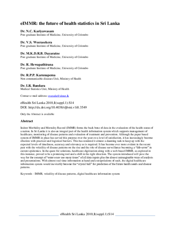 (PDF) eIMMR: the future of health statistics in Sri Lanka