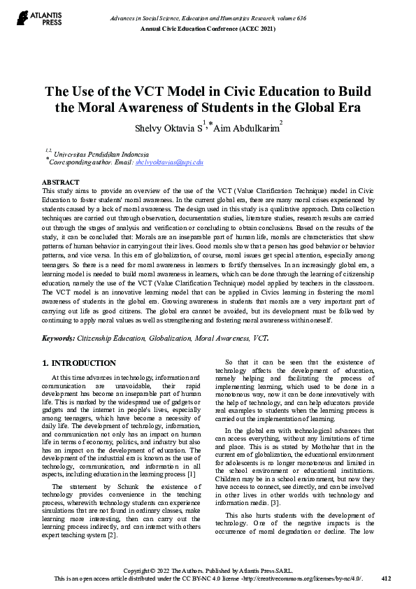 (PDF) The Use of the VCT Model in Civic Education to Build the Moral Awareness of Students in ...