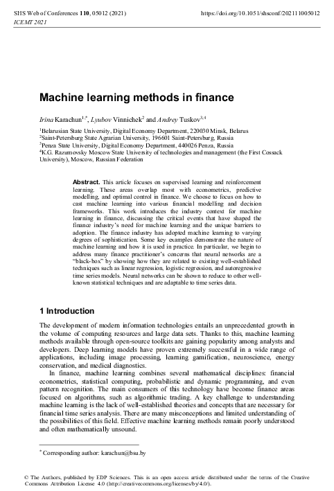 (PDF) Machine learning methods in finance