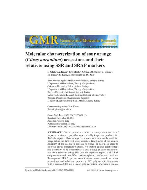 (PDF) Molecular characterization of sour orange (Citrus aurantium) accessions and their ...