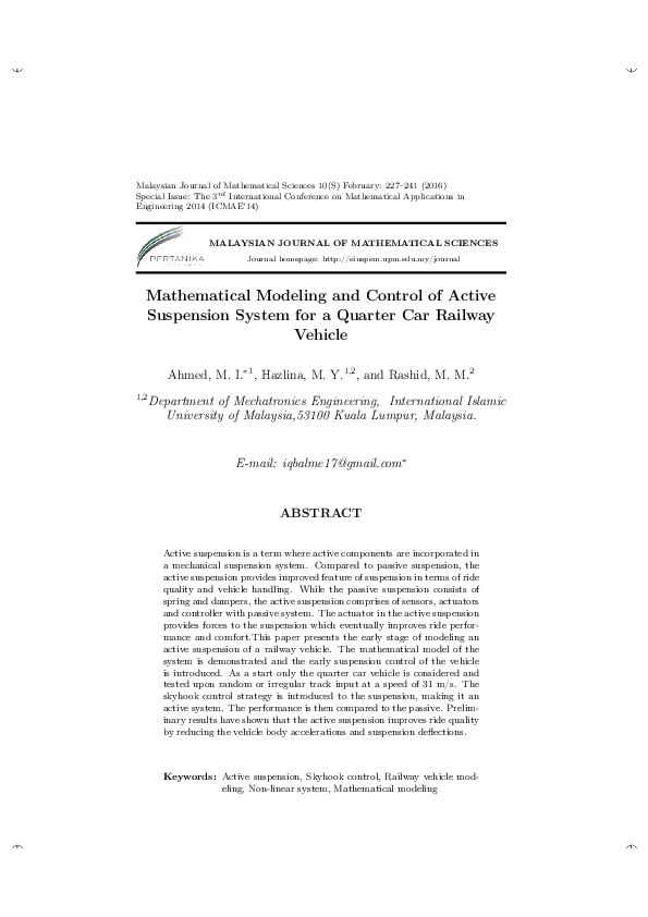 (PDF) Mathematical modeling and control of active suspension system for a quarter car railway ...