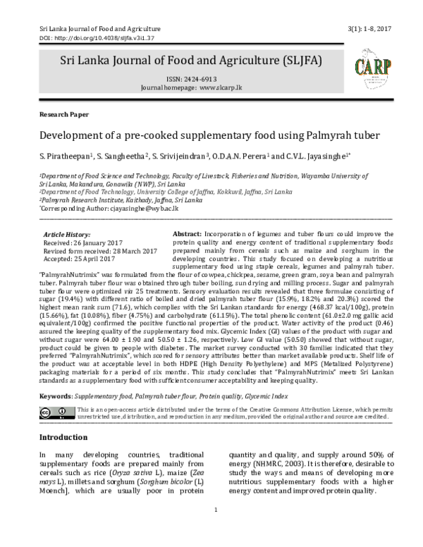 (PDF) Development of a pre-cooked supplementary food using Palmyrah tuber