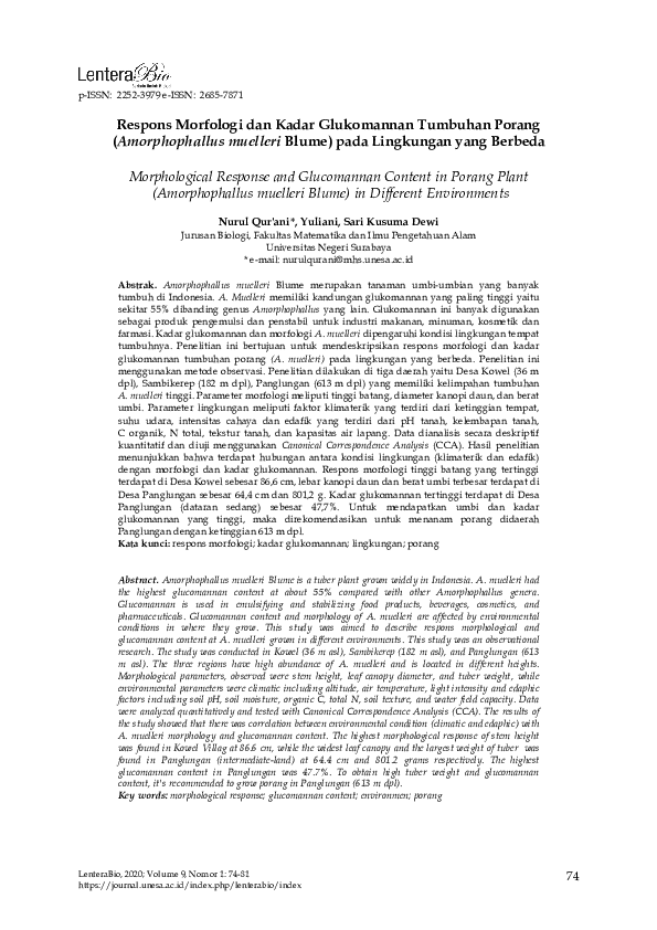 (PDF) Respons Morfologi dan Kadar Glukomannan Tumbuhan Porang (Amorphophallus muelleri Blume ...