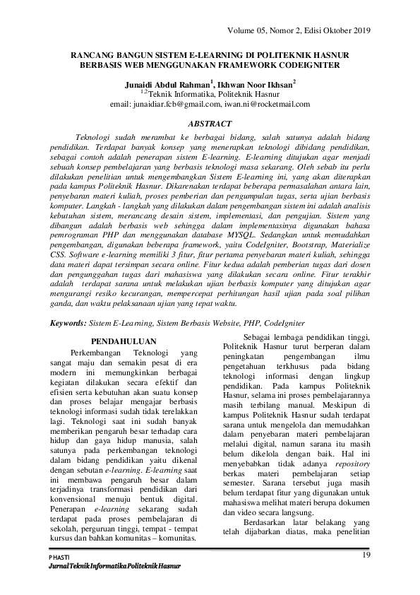 (PDF) Rancang Bangun Sistem E-Learning DI Politeknik Hasnur Berbasis Web Menggunakan Framework ...