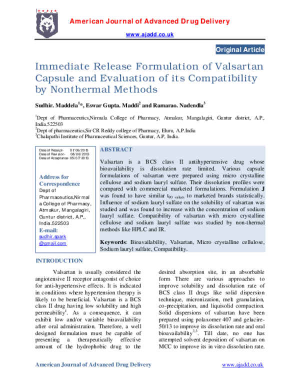 (PDF) Immediate Release Formulation of Valsartan Capsule and Evaluation ...