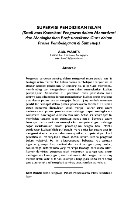 (PDF) Supervisi Pendidikan Islam (Studi atas Kontribusi Pengawas dalam Memotivasi dan ...