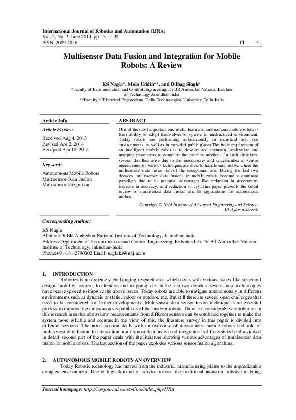 (PDF) Multisensor Data Fusion and Integration for Mobile Robots: A Review