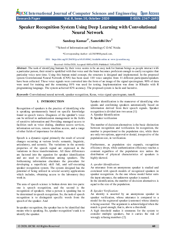 Pdf Speaker Recognition System Using Deep Learning With Convolutional Neural Network