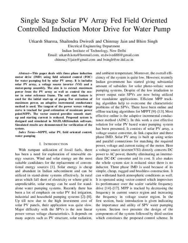 Pdf Single Stage Solar Pv Array Fed Field Oriented Controlled