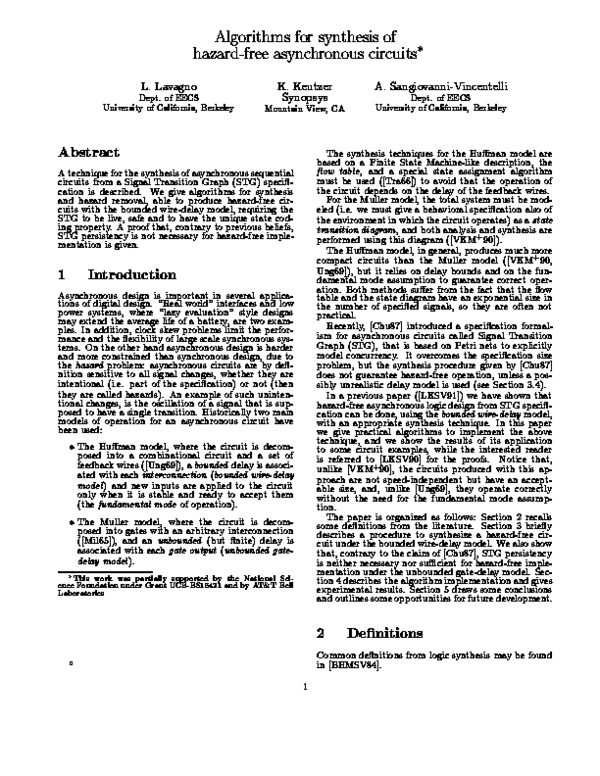 (PDF) Algorithms for synthesis of hazard-free asynchronous circuits