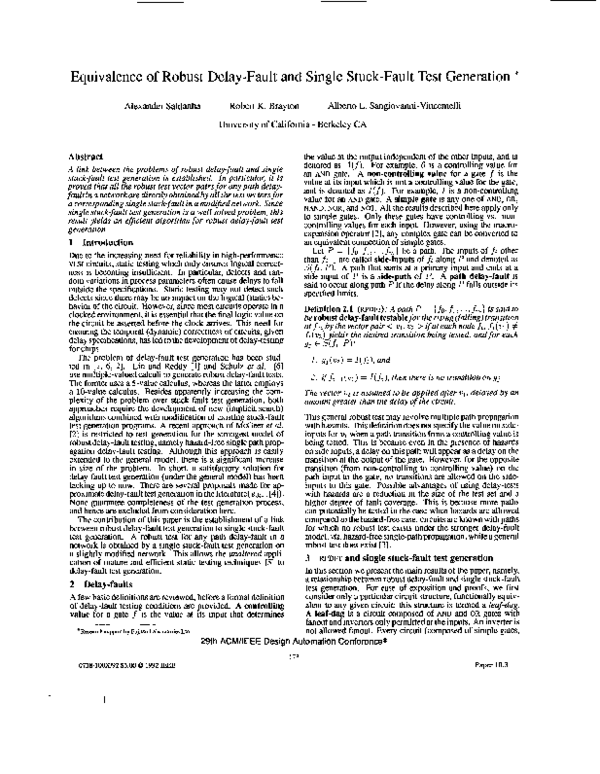 (PDF) Equivalence of robust delay-fault and single stuck-fault test ...