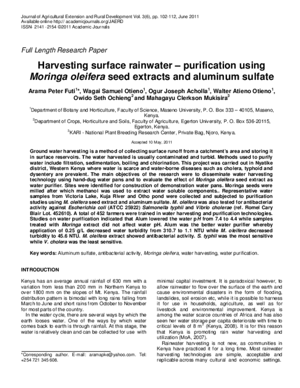 (PDF) Harvesting surface rainwater - purification using Moringa oleifera seed extracts and ...