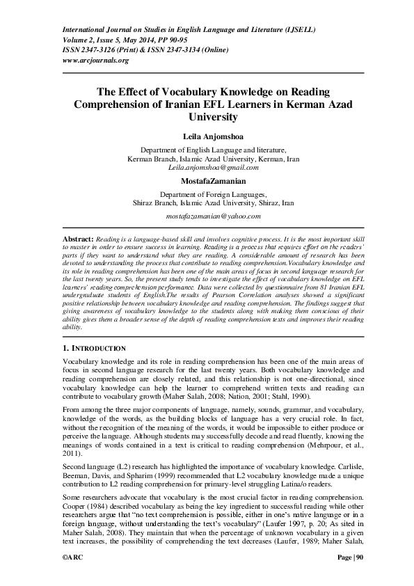 (PDF) The Effect of Vocabulary Knowledge on Reading Comprehension of Iranian EFL Learners in ...