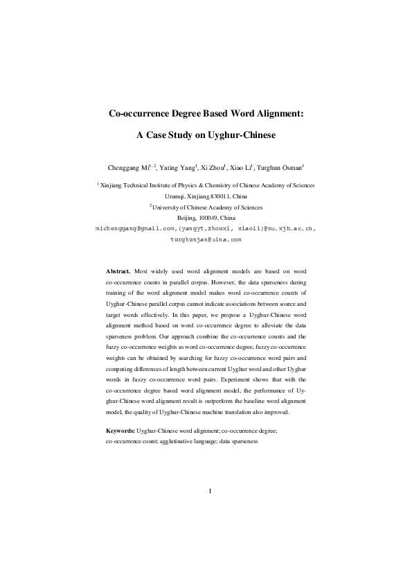 (PDF) Co-occurrence Degree Based Word Alignment: A Case Study on Uyghur-Chinese | Chenggang Mi ...