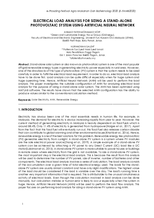 (PDF) ELECTRICAL LOAD ANALYSIS FOR SIZING A STAND-ALONE PHOTOVOLTAIC ...