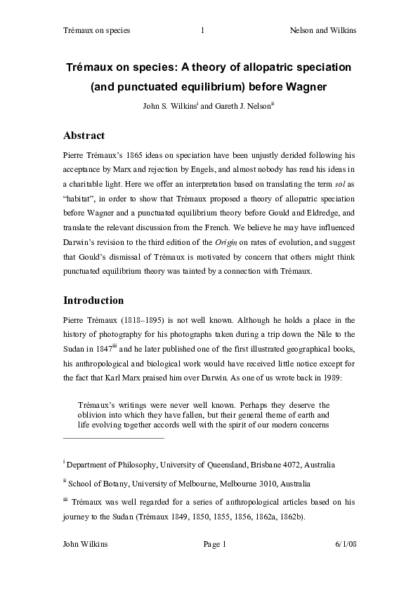 (PDF) Trémaux's Early Insights on Speciation Theory