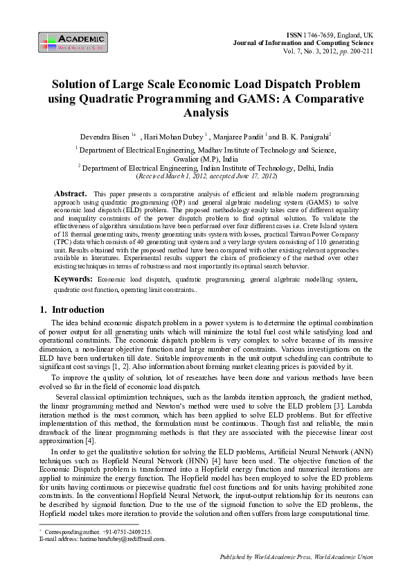 (PDF) Solution of Large Scale Economic Load Dispatch Problem using Quadratic Programming and ...
