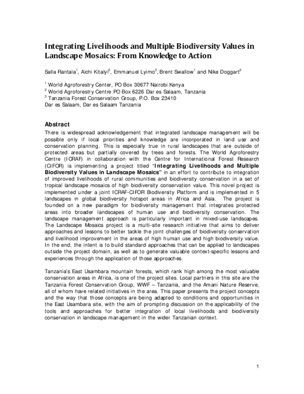 Pdf Integrating Livelihoods And Multiple Biodiversity Values In