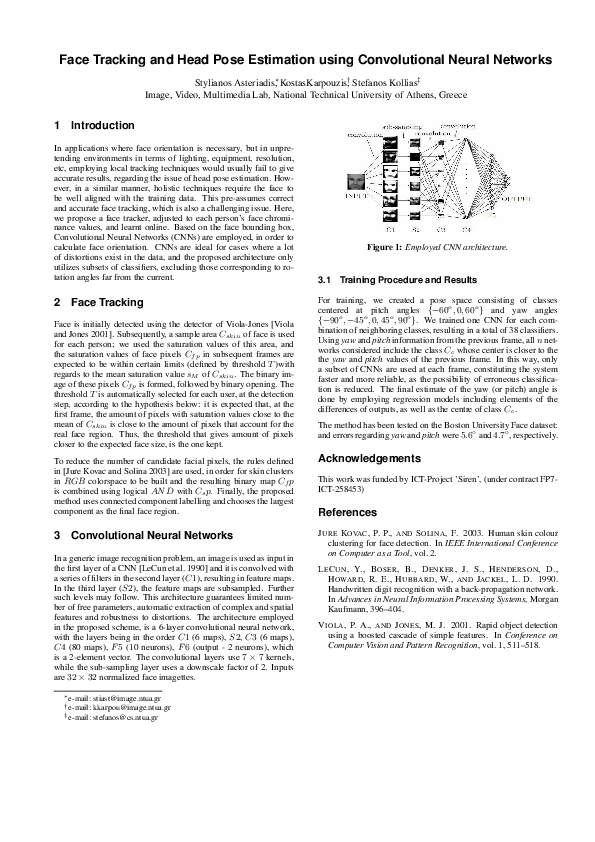 (PDF) Face tracking and head pose estimation using convolutional neural networks | Kostas ...
