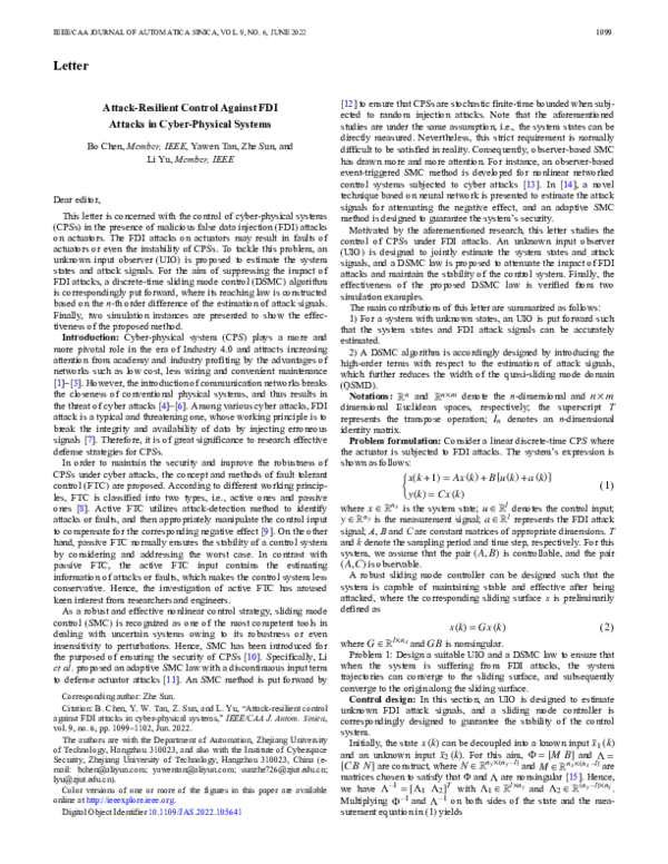 (PDF) Attack-Resilient Control Against FDI Attacks in Cyber-Physical Systems