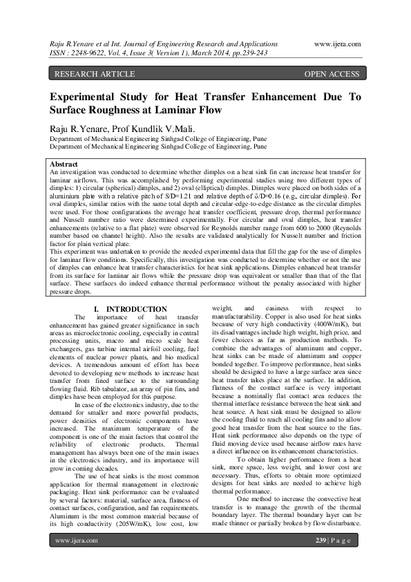 (PDF) Experimental Study for Heat Transfer Enhancement Due To Surface ...