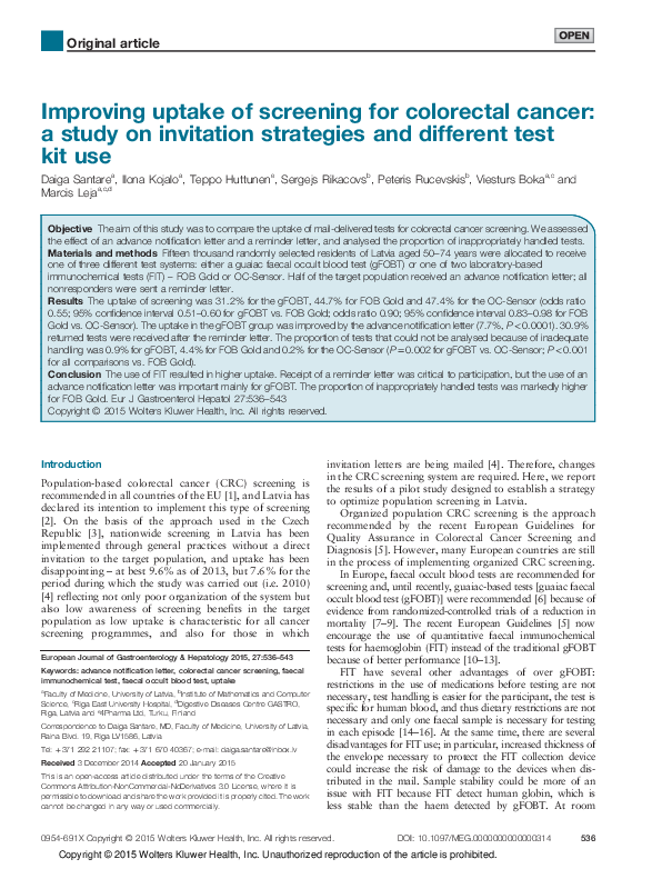 (PDF) Improving uptake of screening for colorectal cancer: a study on ...