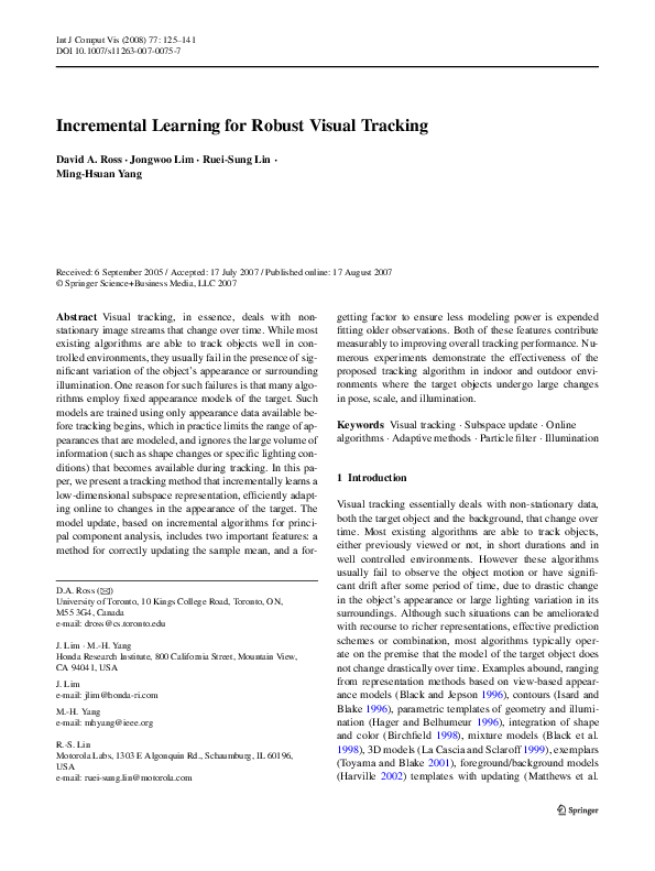 (PDF) Incremental Learning for Robust Visual Tracking