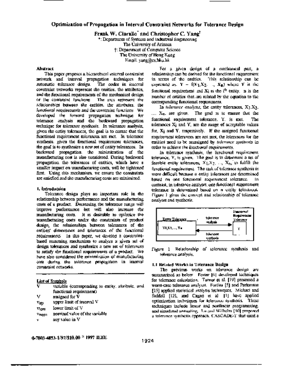 Optimization Of Propagation In Interval Constraint Networks For Tolerance Design