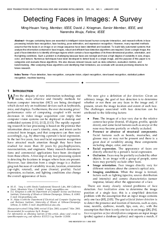 (PDF) Detecting faces in images: a survey
