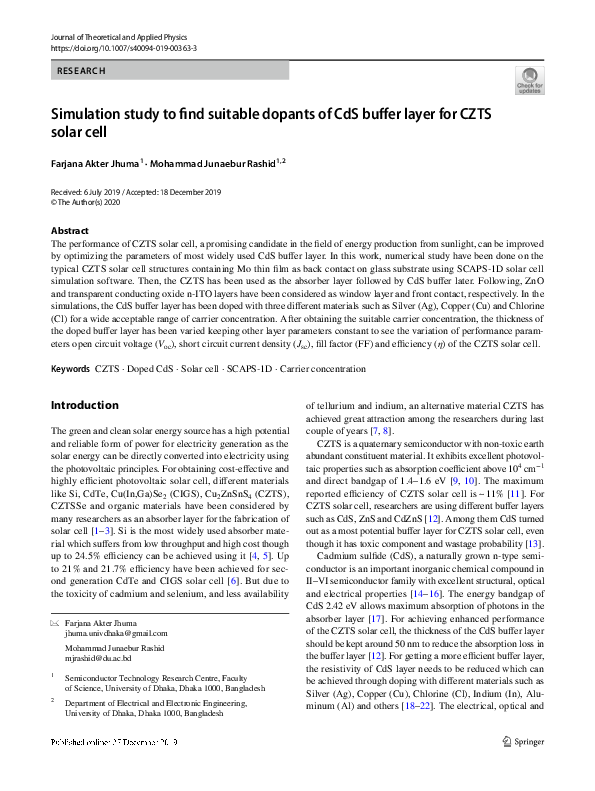 (PDF) Simulation study to find suitable dopants of CdS buffer layer for CZTS solar cell